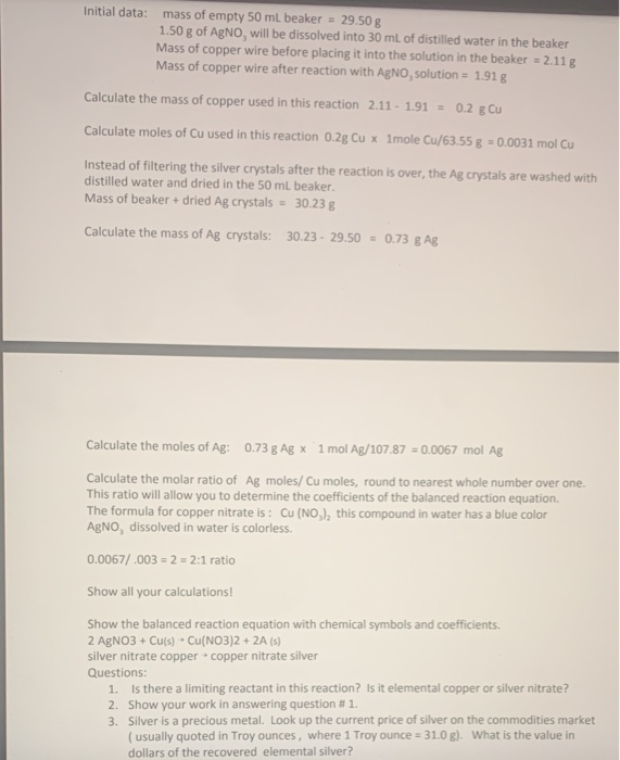 Solved Initial data: mass of empty 50 ml beaker = 29.50 g | Chegg.com