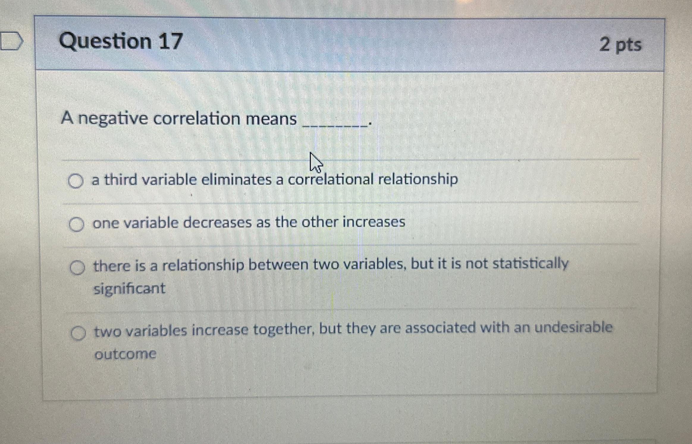Solved Question 172 ﻿ptsA negative correlation meansa third | Chegg.com