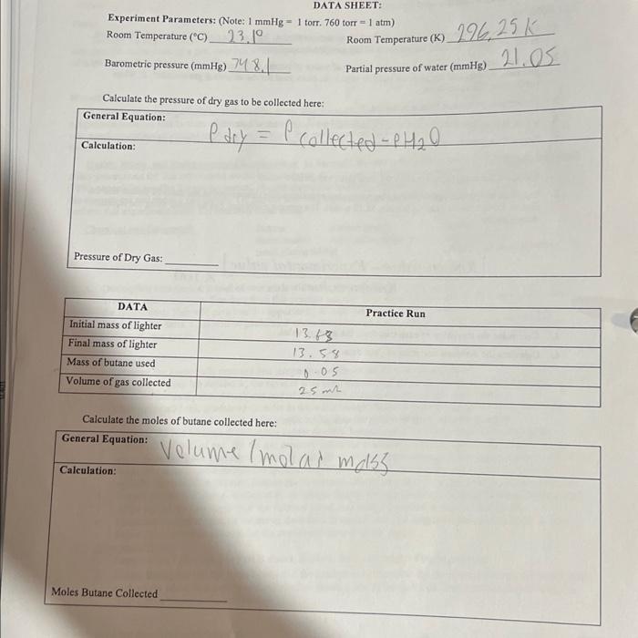 Solved DATA SHEET: Experiment Parameters: (Note: 1mmHg=1 | Chegg.com