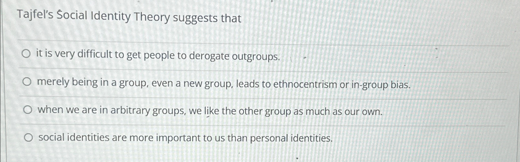 Solved Tajfel's Social Identity Theory suggests thatit is | Chegg.com