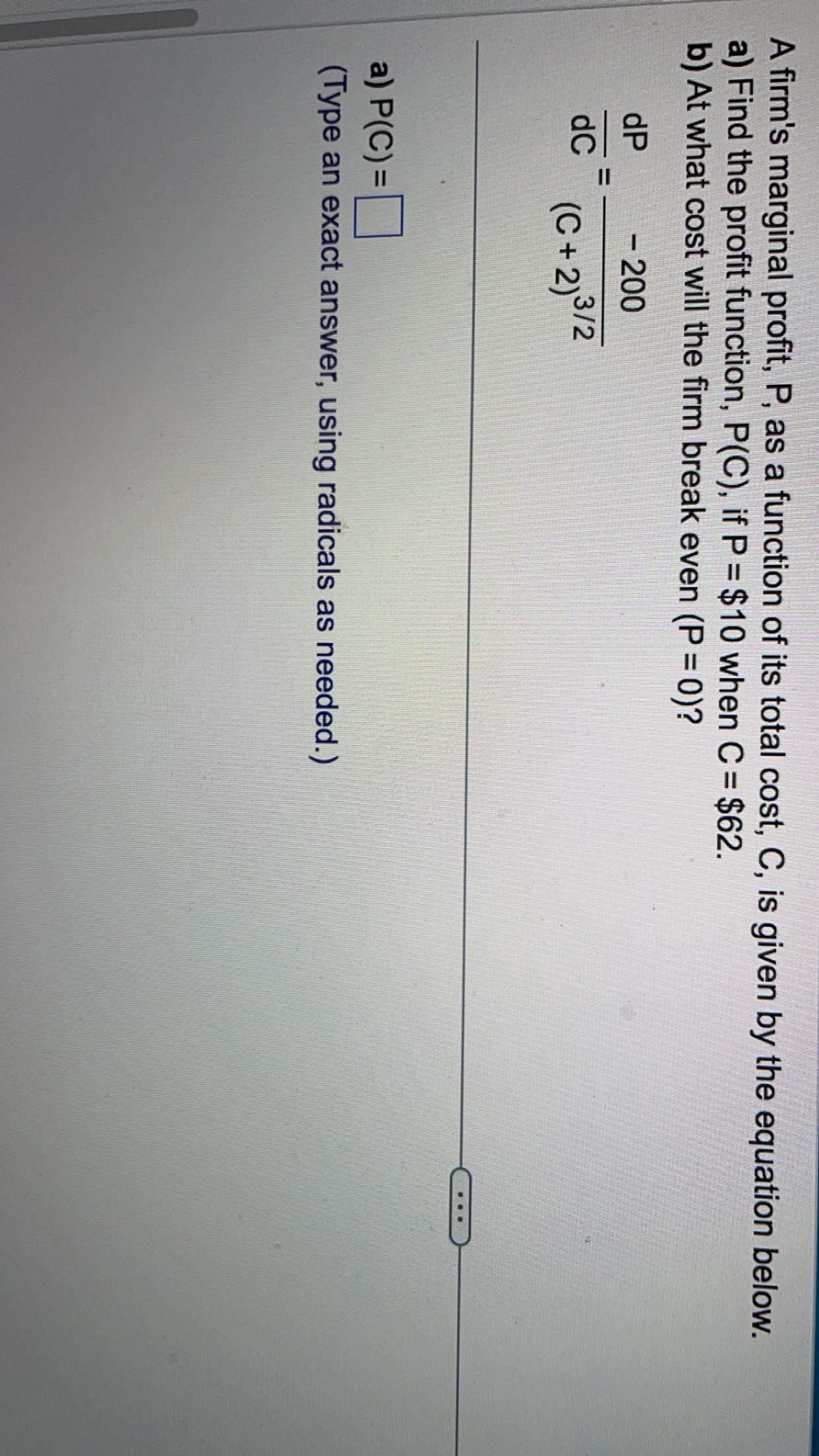 Solved A firm's marginal profit, P, ﻿as a function of its | Chegg.com
