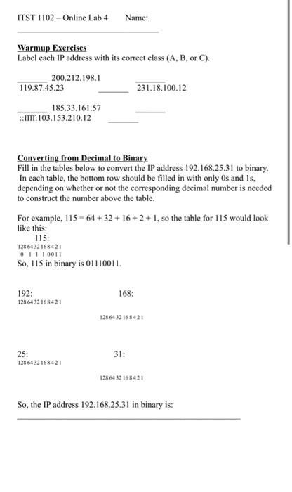 Solved ITST 1102 - Online Lab 4 Name: Warmup Exercises Label | Chegg.com