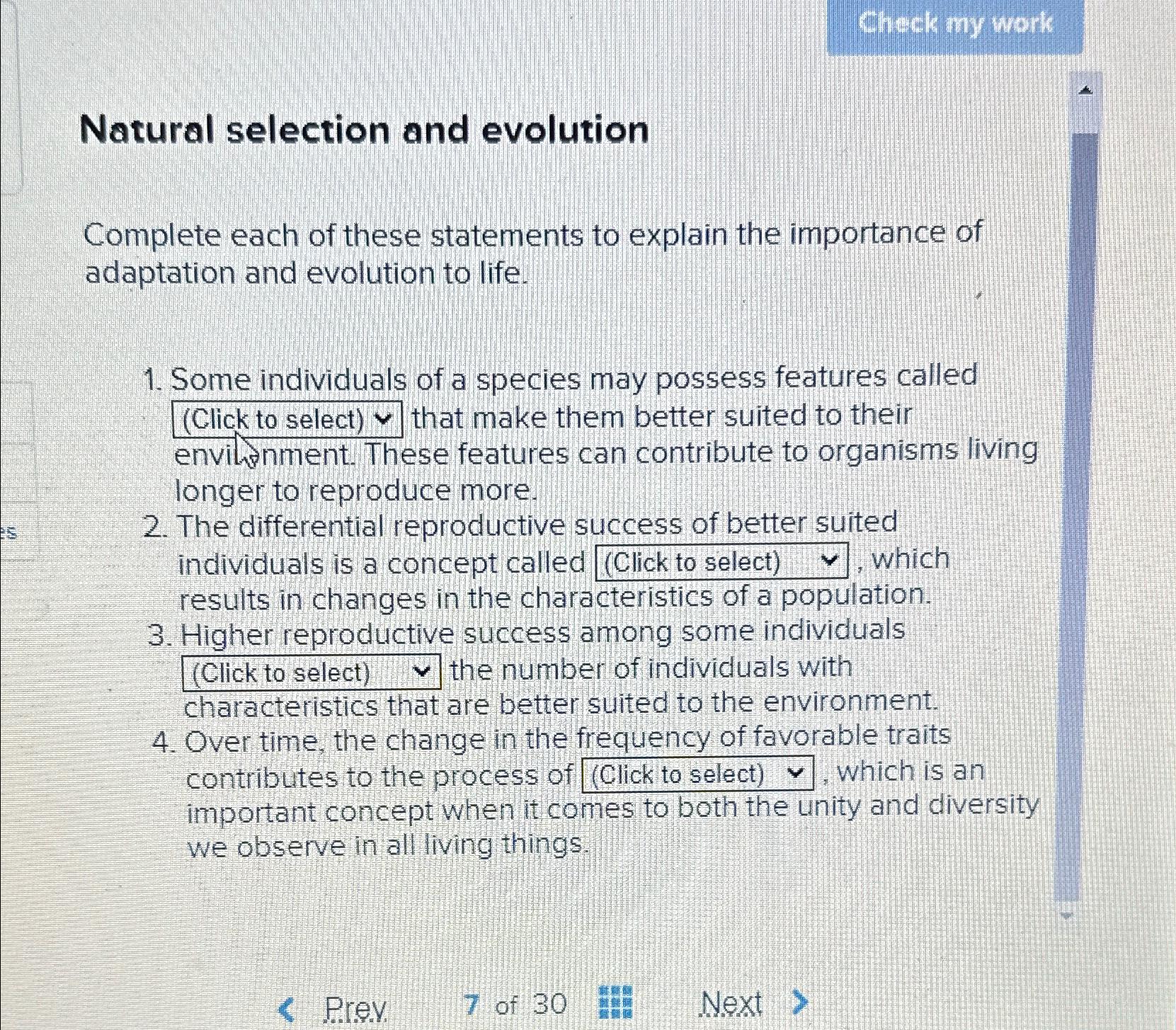 Solved Gheck my workNatural selection and evolutionComplete | Chegg.com