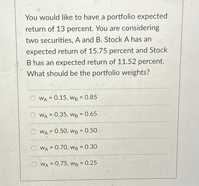 Solved You would like to have a portfolio expected return of | Chegg.com
