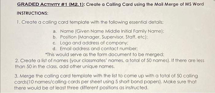 Solved INSTRUCTIONS: 1. Create a calling card template with | Chegg.com