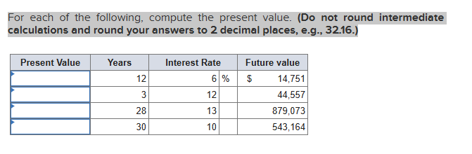 Solved For each of the following, compute the present value. | Chegg.com