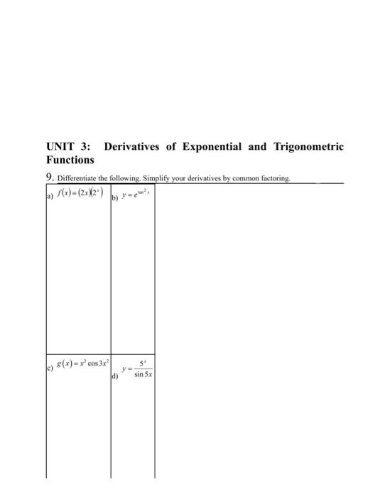 Solved UNIT 3: Derivatives of Exponential and Trigonometric | Chegg.com
