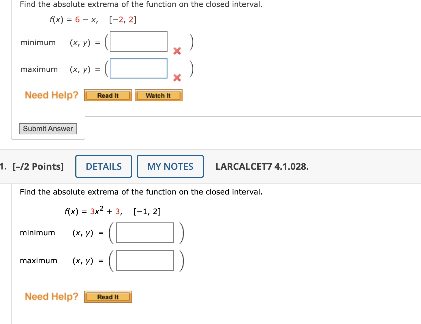 Solved Find the absolute extrema of the function on the | Chegg.com