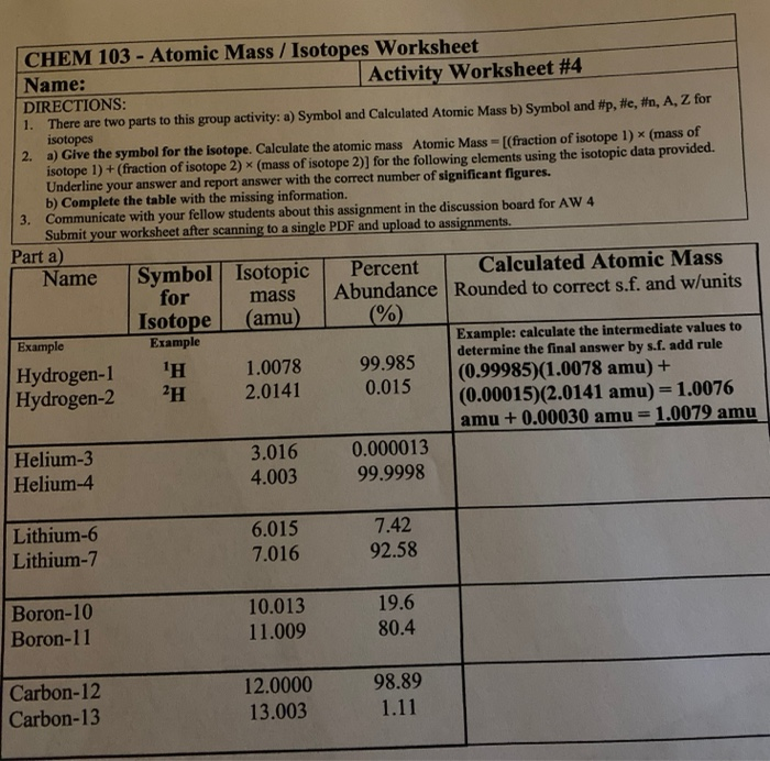 Solved 3. CHEM 103 - Atomic Mass / Isotopes Worksheet Name: | Chegg.com