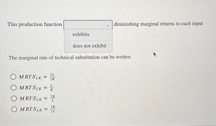 Solved This production function diminishing marginal returns | Chegg.com