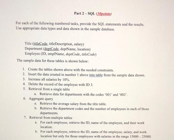 Solved For each of the following numbered tasks, provide the | Chegg.com