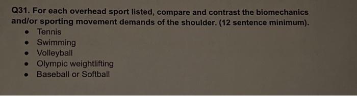 Solved Q31. For each overhead sport listed, compare and | Chegg.com