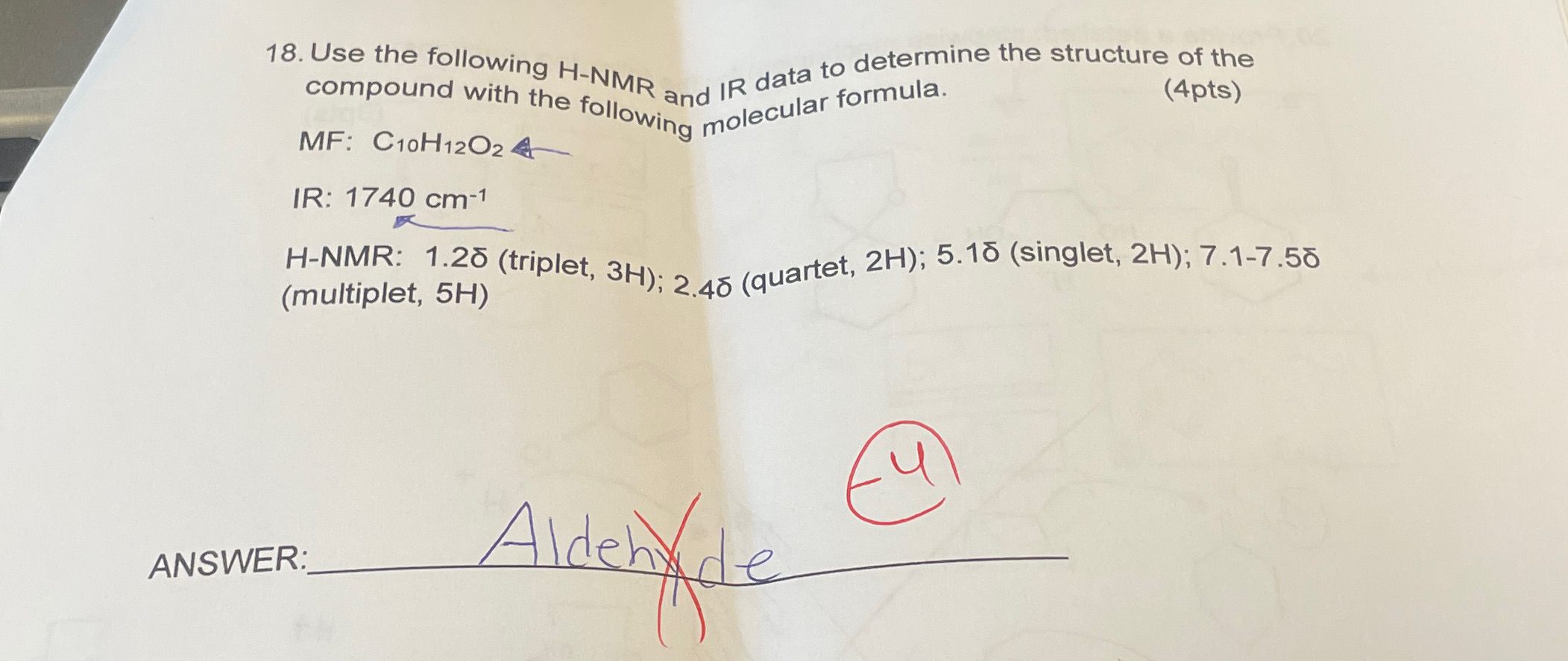 Solved Use the following H-NMR and IR data to determine the | Chegg.com