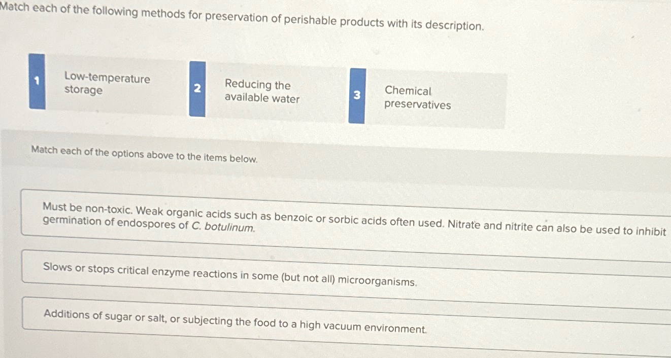 Solved Match each of the following methods for preservation | Chegg.com