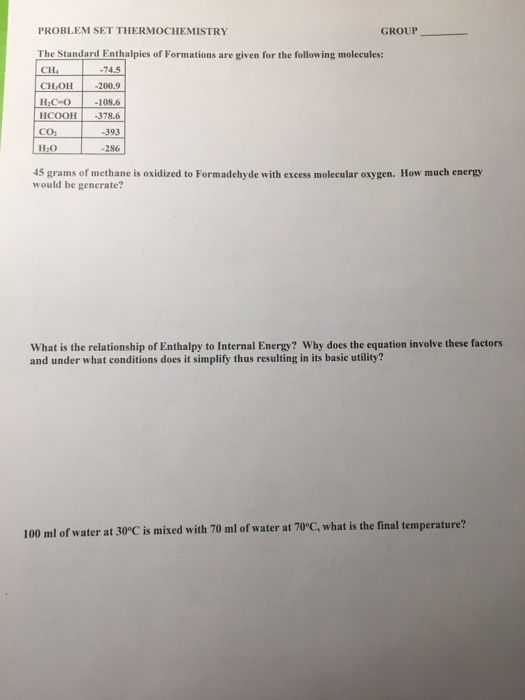 Solved PROBLEM SET THERMOCHEMISTRY GROUP The Standard | Chegg.com