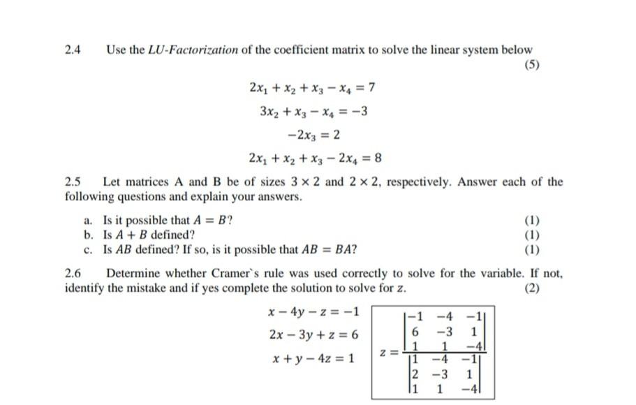 Solved 2 4 Use The Lu Factorization Of The Coefficient