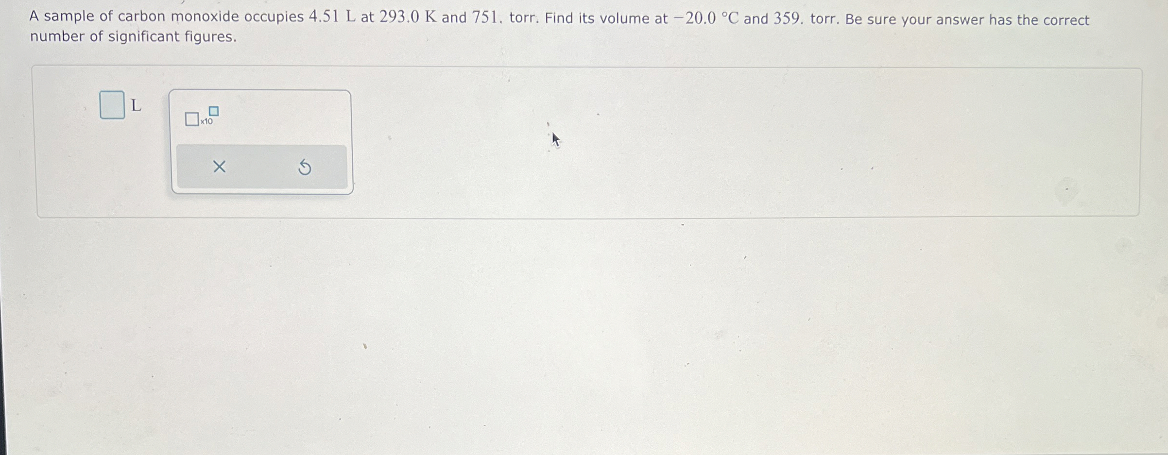 A sample of carbon monoxide occupies 4.51L ﻿at 293.0K | Chegg.com
