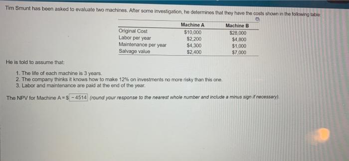 Solved Tim Smunt has been asked to evaluate two machines. | Chegg.com