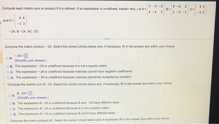 Solved Compute the matrix product −2 A. Select the correct | Chegg.com
