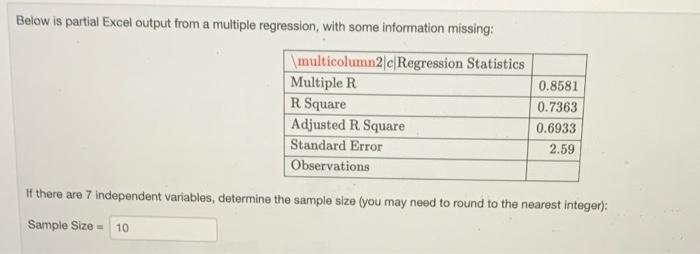 Solved Below is partial Excel output from a multiple | Chegg.com