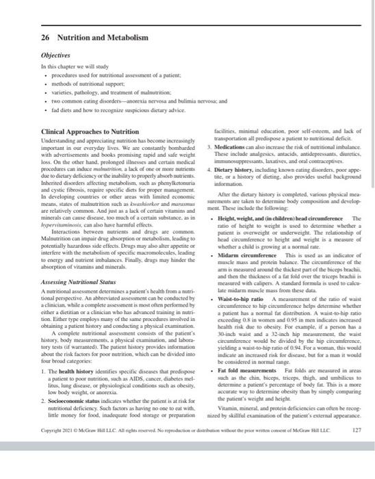 Solved 26 Nutrition and Metabolisal Objectires A Caical | Chegg.com