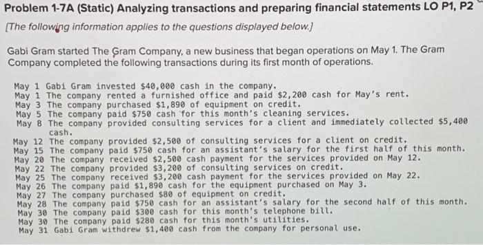 Solved Problem 1-7A (Static) Analyzing transactions and | Chegg.com