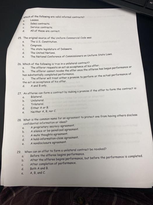 Solved Which of the following are valid informal contracts a | Chegg.com