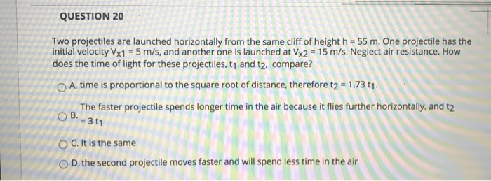 Solved QUESTION 20 Two projectiles are launched horizontally | Chegg.com