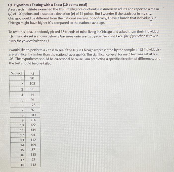 Q1. Hypothesis Testing with a Z test ( 10 points | Chegg.com