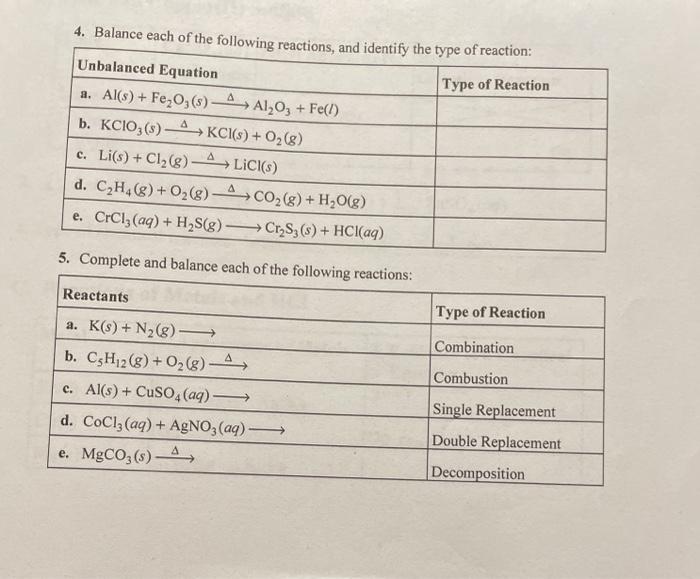 Solved 4 Balance Each Of The Following Reactions And