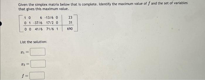 Solved Given the simplex matrix below that is complete. | Chegg.com