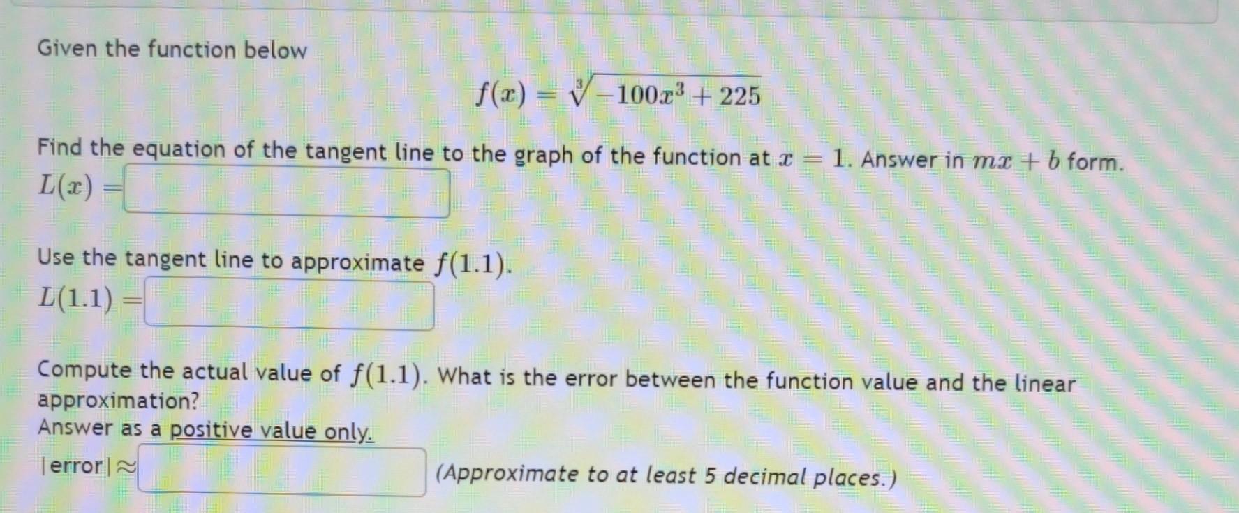 Solved Given the function below f(x)=3−100x3+225 Find the | Chegg.com