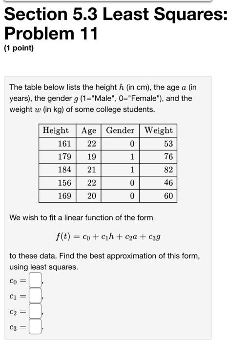 Solved Section 5.3 Least Squares: Problem 11 (1 point) The | Chegg.com