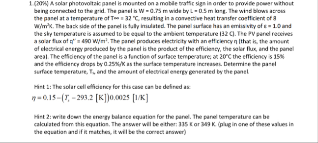 Solved (20%) ﻿A solar photovoltaic panel is mounted on a | Chegg.com