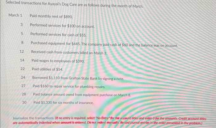 Solved Selected transactions for Ayayai's Dog Care are as | Chegg.com Solved Selected transactions for Ayayai's Dog Care are as | Chegg.com