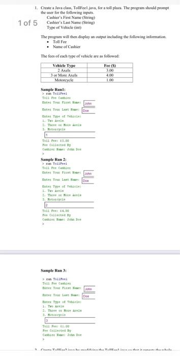 Solved 1. Create a Java class, Tolifeel java, for a toll | Chegg.com
