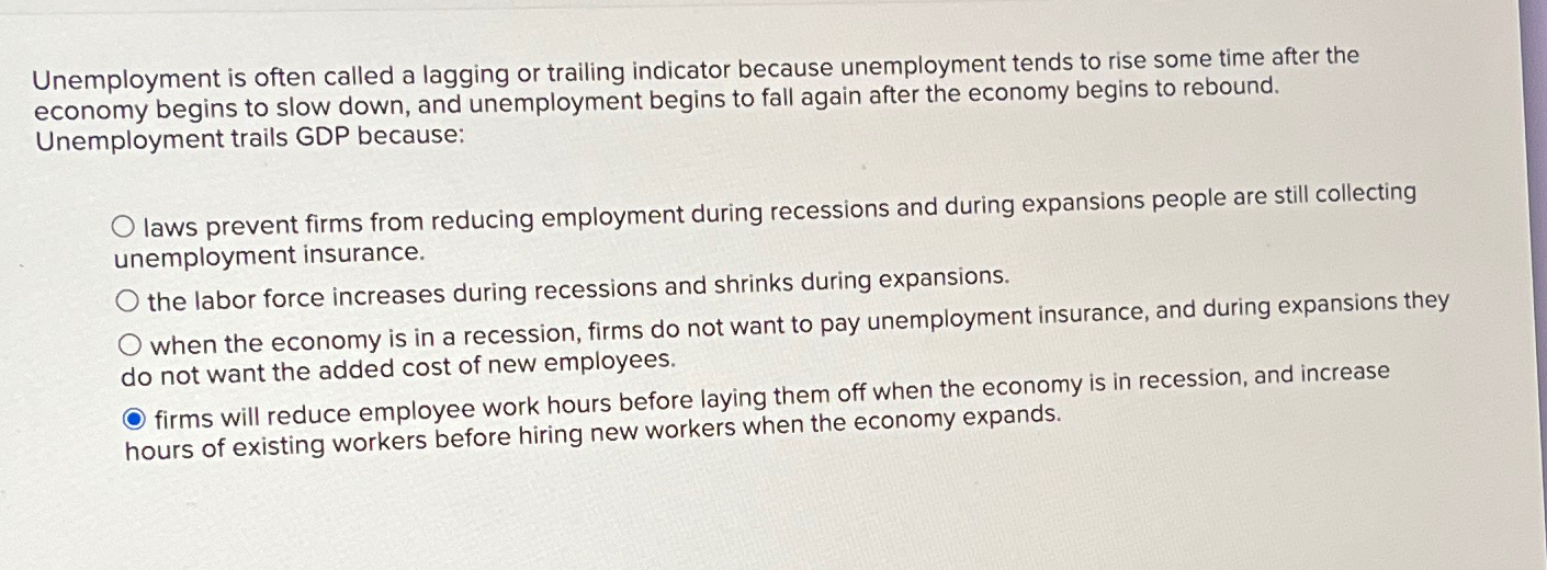 Solved Unemployment is often called a lagging or trailing | Chegg.com