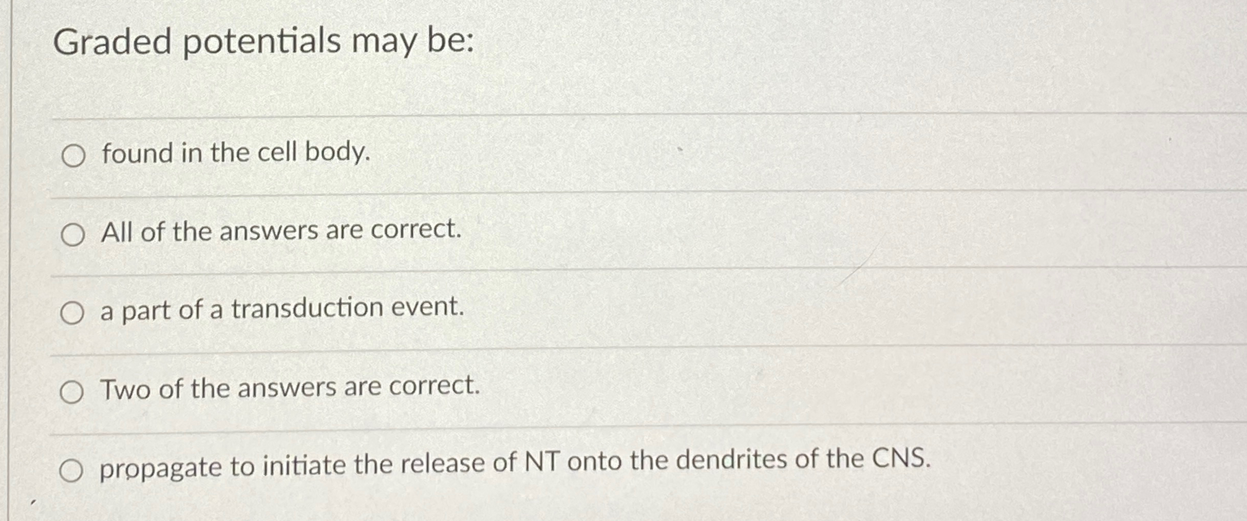 Solved Graded potentials may be:found in the cell body.All | Chegg.com