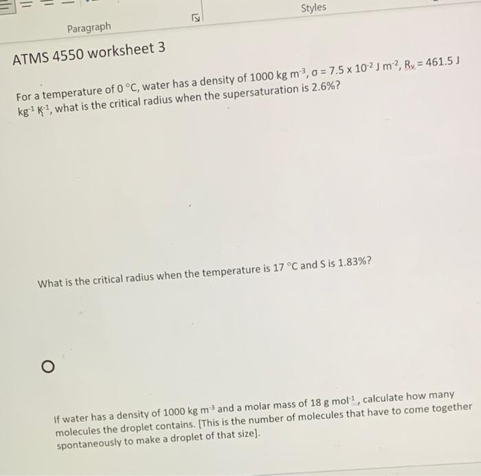 Solved Styles Paragraph ATMS 4550 worksheet 3 For a | Chegg.com