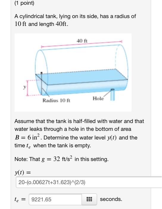 Solved (1 point) A cylindrical tank, lying on its side, has | Chegg.com