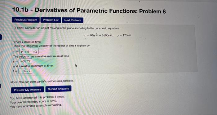 10.1b - Derivatives of Parametric Functions: Problem | Chegg.com