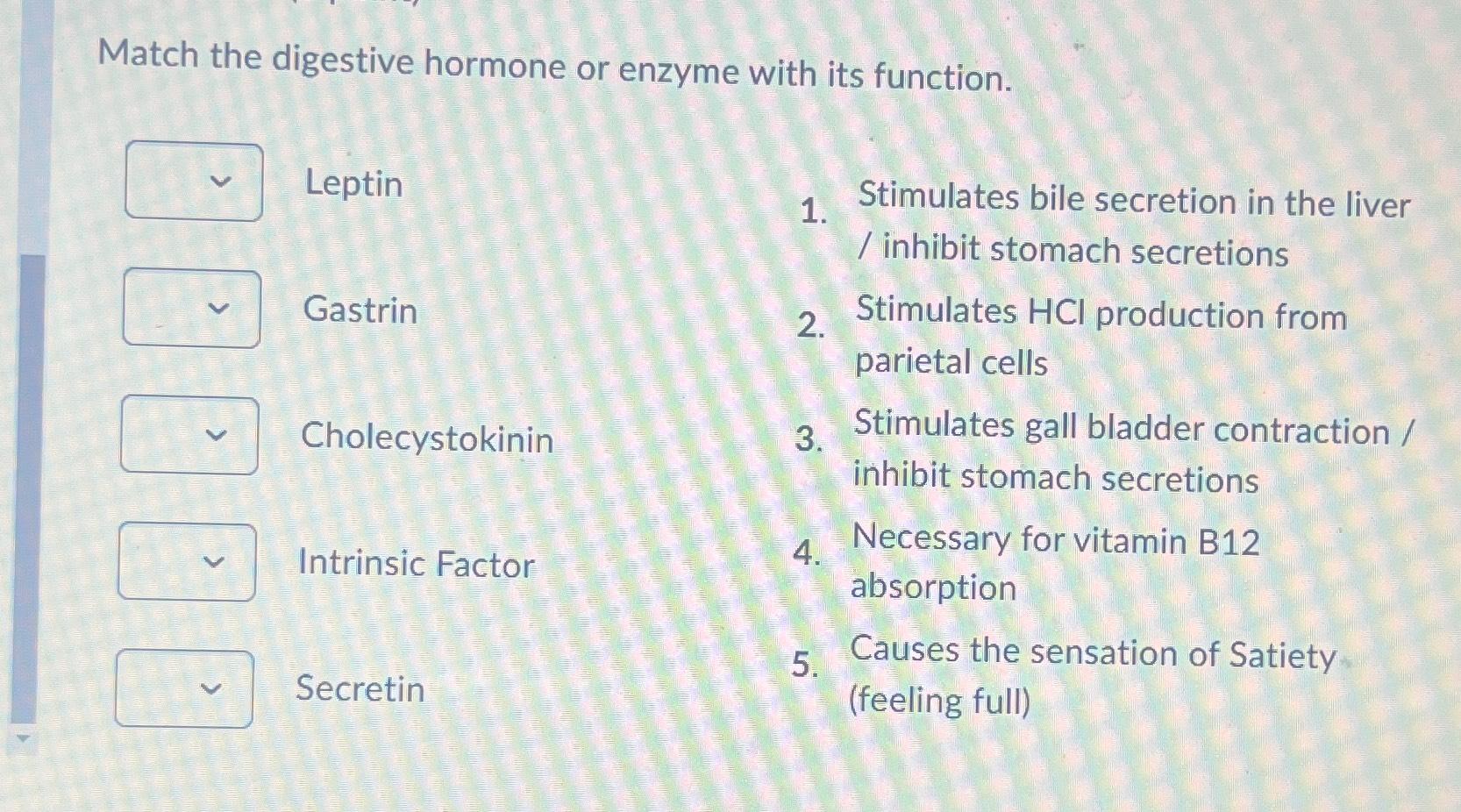 Solved Match the digestive hormone or enzyme with its | Chegg.com