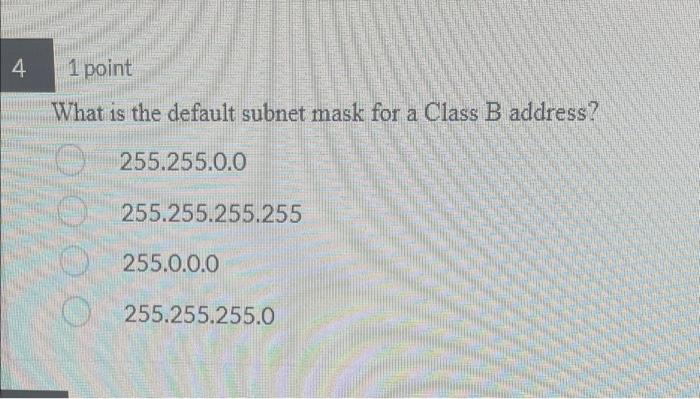 Solved 4 1 point What is the default subnet mask for a Class | Chegg.com