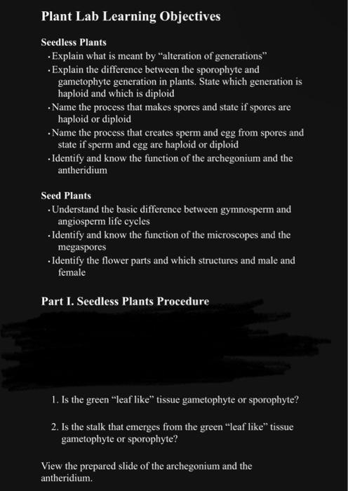 Solved Plant Lab Learning Objectives Seedless Plants - | Chegg.com