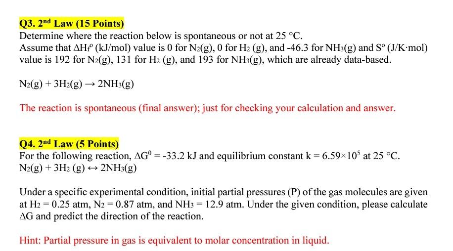 Solved Q3. 2nd Law (15 Points) Determine where the reaction | Chegg.com