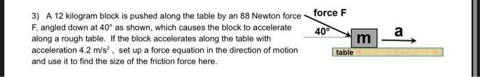 Solved 3) A 12 kilogram block is pushed along the table by | Chegg.com