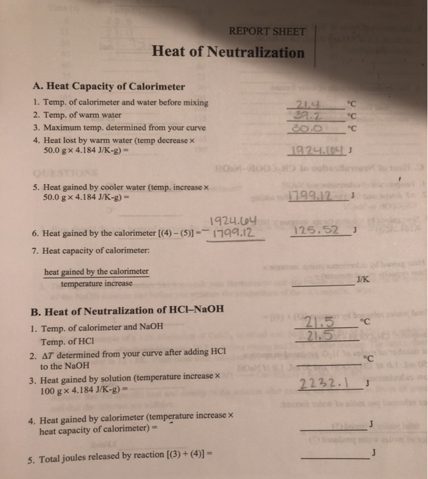 Solved REPORT SHEET Heat of Neutralization 21.4 A. Heat | Chegg.com