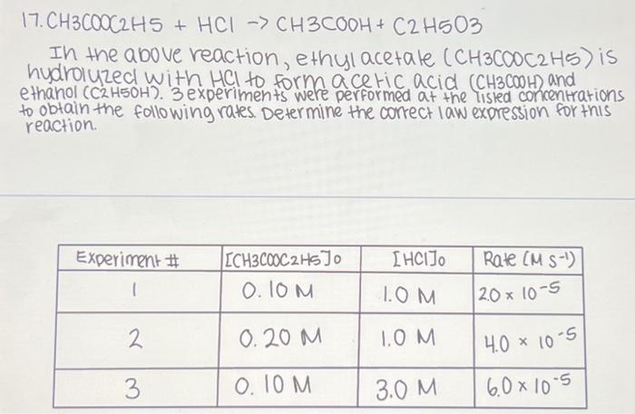Solved 17. CH3COCC2HS+HCl→CH3COOH+C2H5O3 In the above | Chegg.com