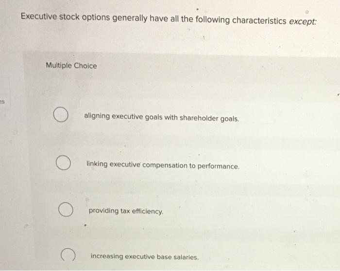 Solved Executive stock options generally have all the | Chegg.com