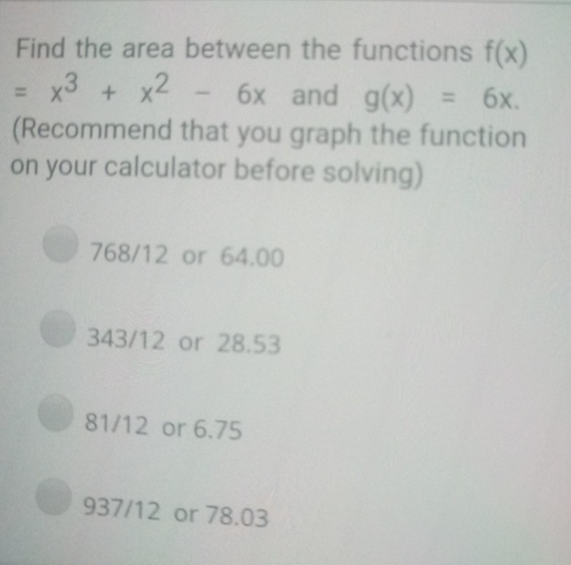 Solved Find the area between the functions f(x) x3 + x2 6x | Chegg.com